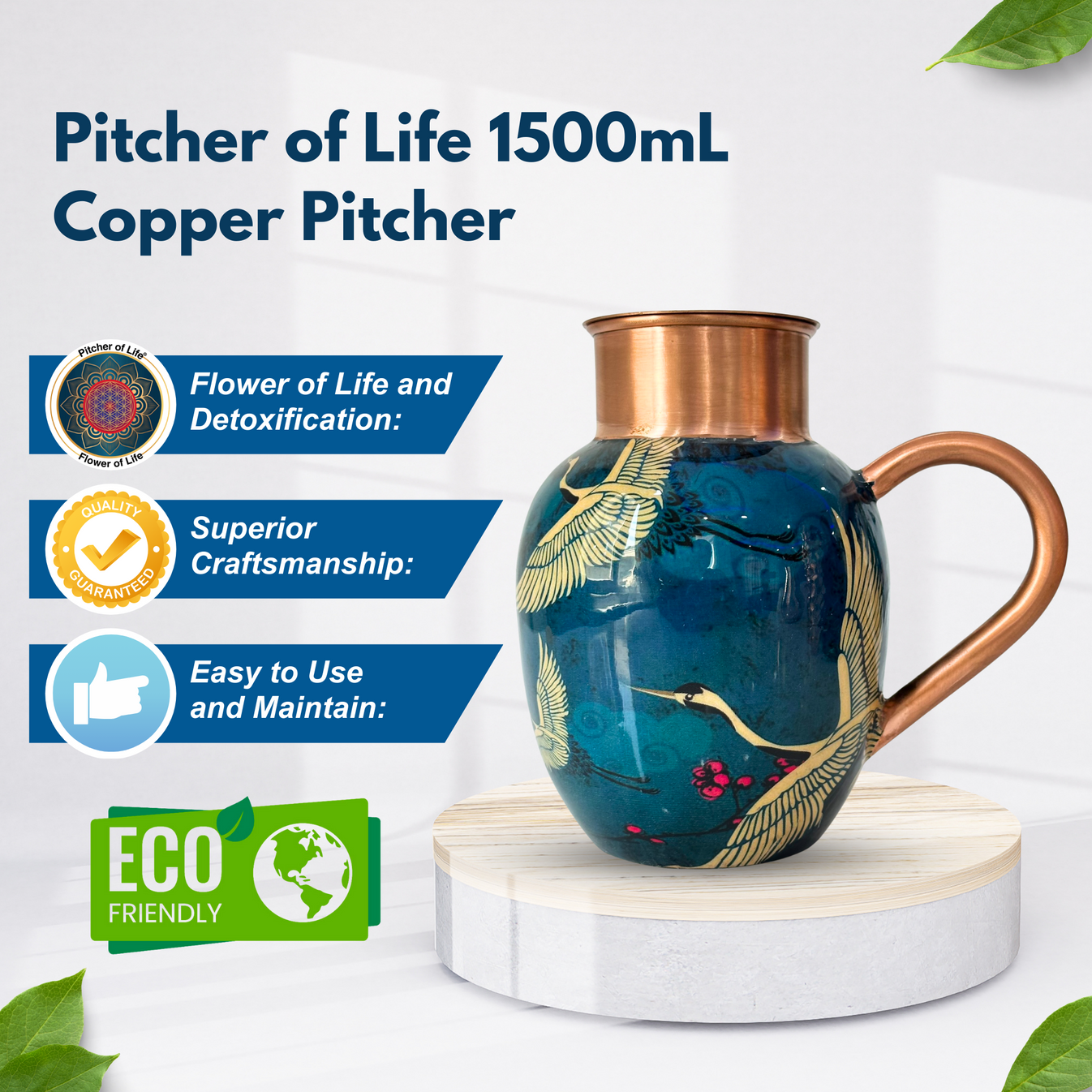 Pitcher of Life 1500mL Copper Pitcher - White Birds Design